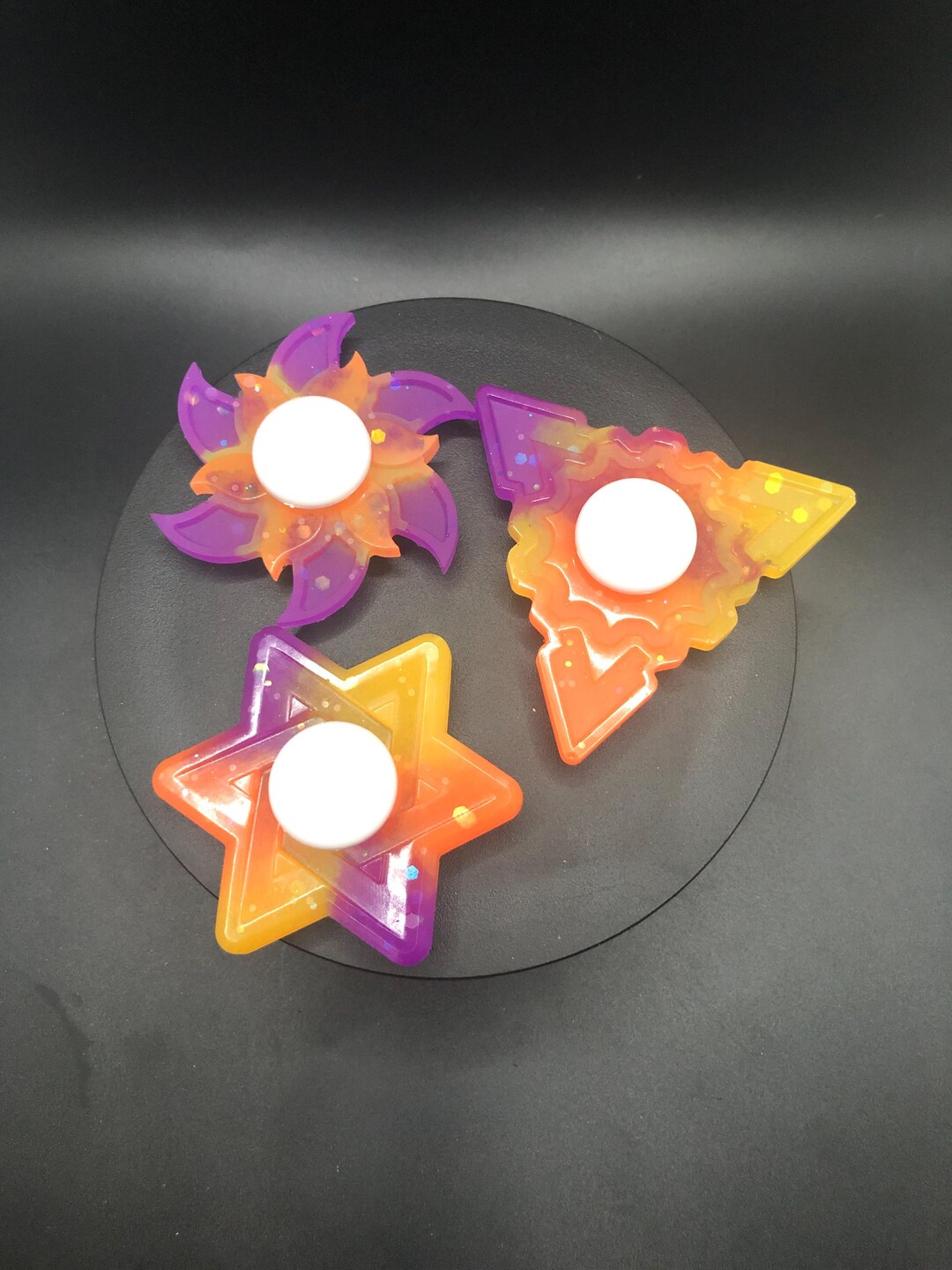 Set of 3 Glow in the Dark Fidget Spinners, Orange/purple/yellow Glow in ...