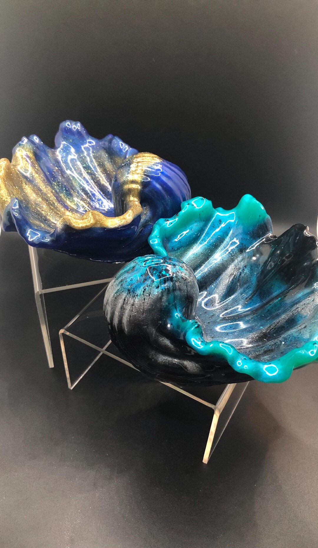 Handmade Resin Seashell Figurine, Black/teal/silver Seashell, Blue/gold ...
