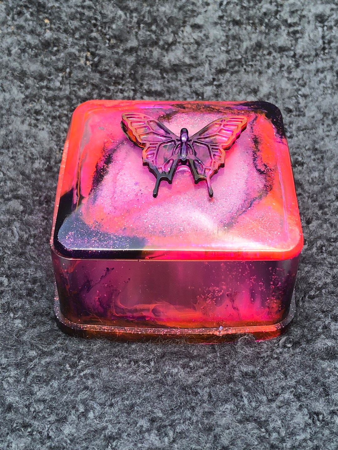 Pink & Purple Butterfly Resin Trinket Box, Handmade Resin Square Pink ...