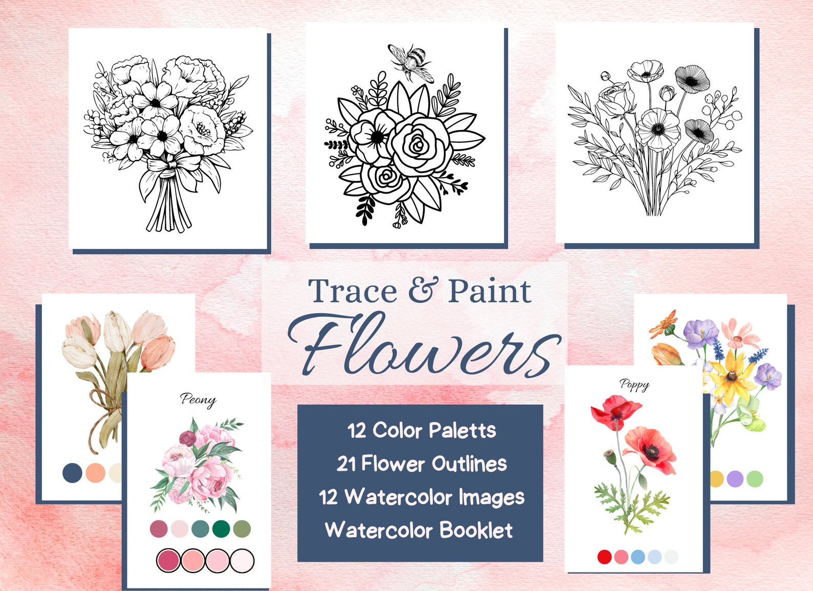 Trace & Paint Flowers, Coloring Pages, Flower Watercolor Kit ...