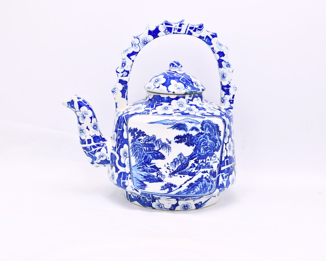Large Blue and White Porcelain Teapot Cherry Blossoms, Mountains River ...