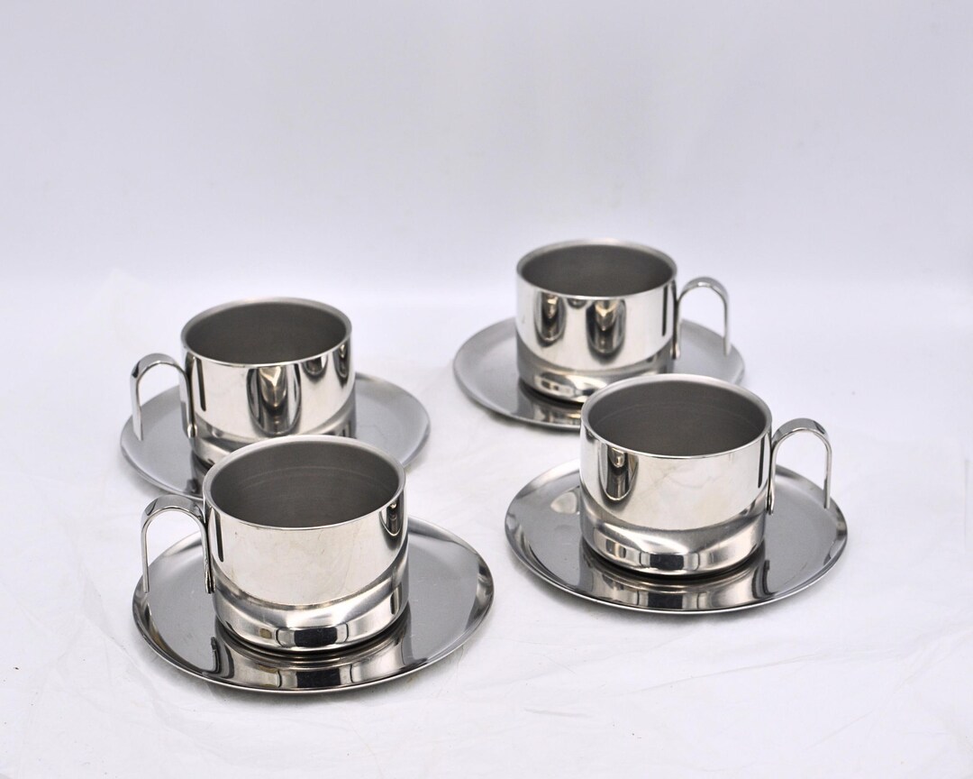 Set of 4 Inox 18-10 Stainless Steel Espresso / Coffee Cups and Saucers ...