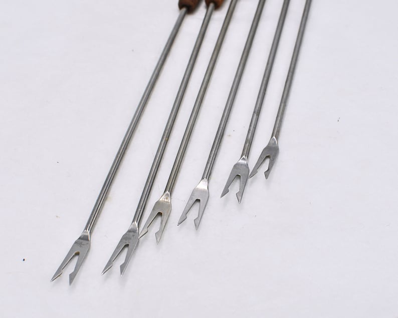 Retro Fondue Forks Set - Teak Wood Handle Coloured Ends Vintage Forks ...