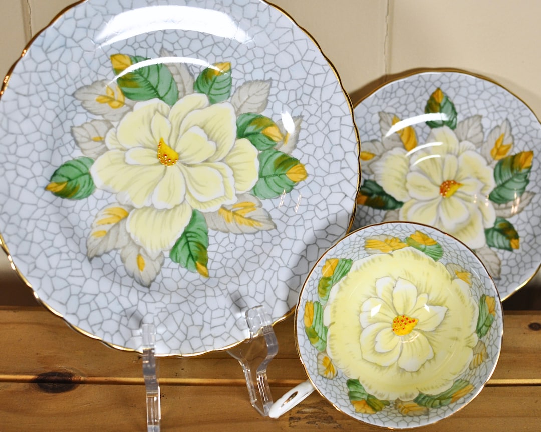 Tuscan Bone China Gardenia Trio Cup Saucer and Plate Set Blue and ...