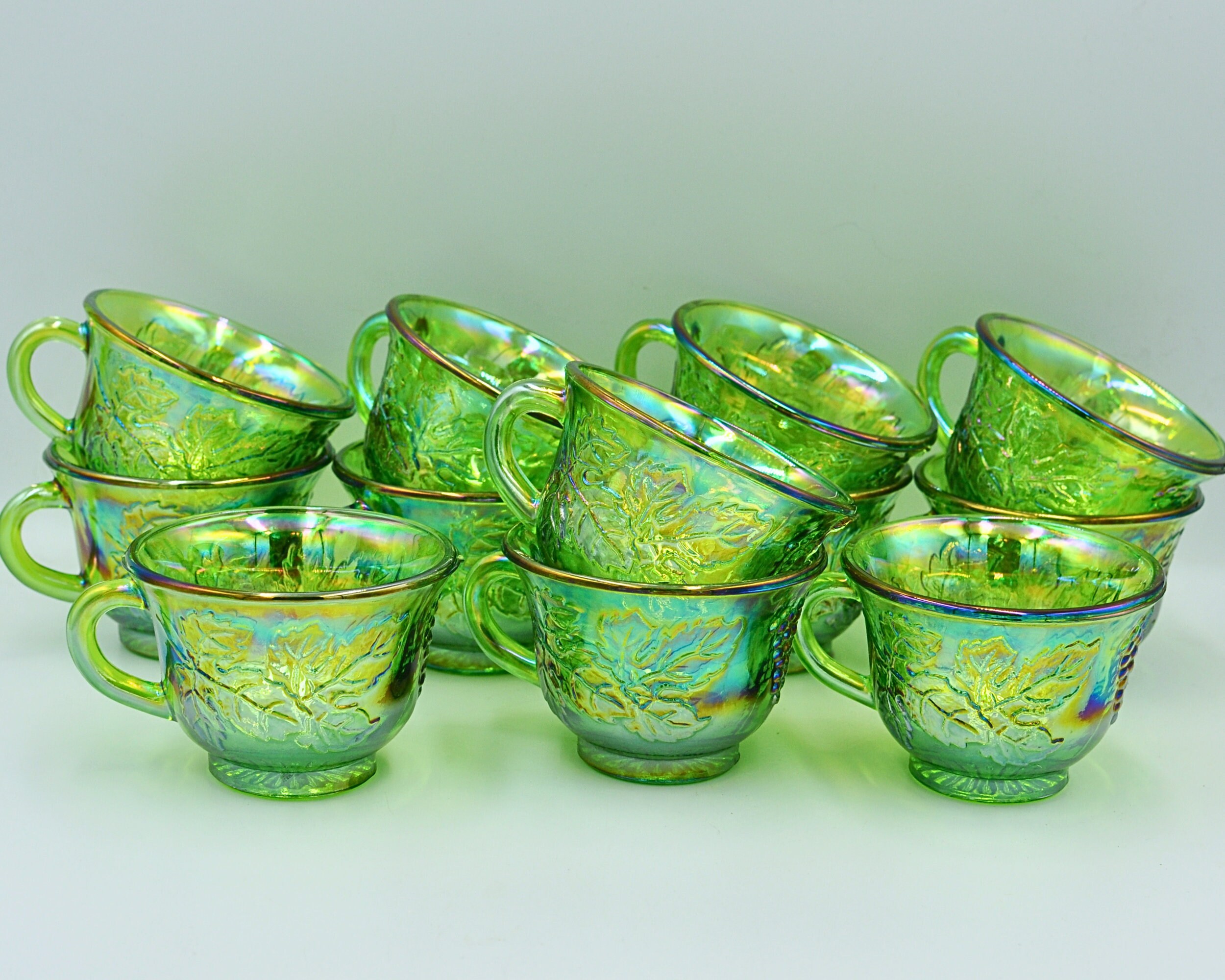 Boxed Set of 12 Green Carnival Glass Punch Cups With Hooks - Etsy