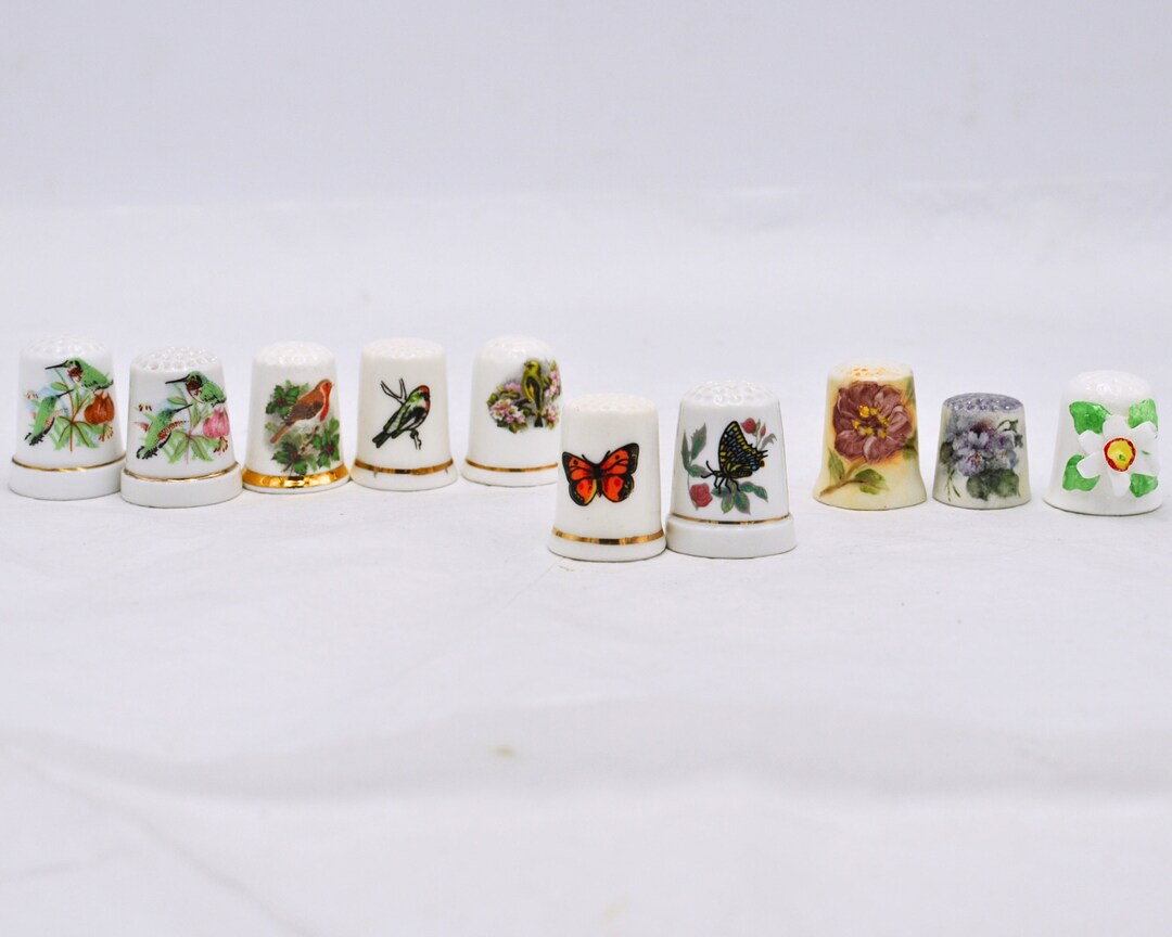 Vintage Porcelain Thimbles: Birds, Flowers, Butterflies Collectable Set ...