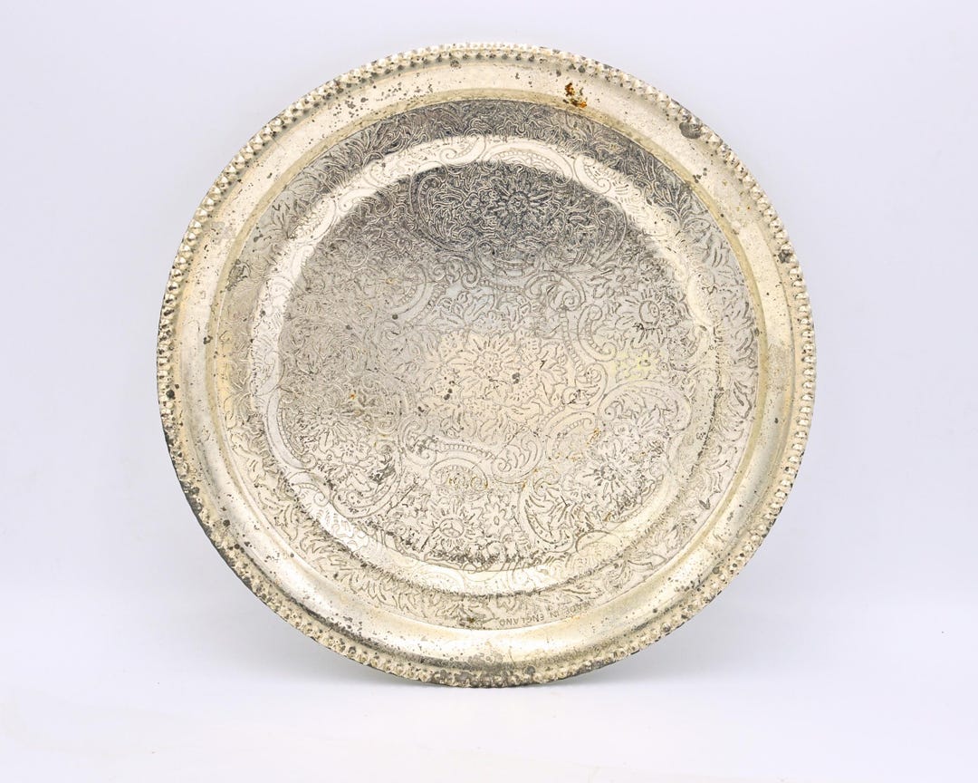Vintage Silverplate Tray: Small Round Ornate Pattern, Made in England ...