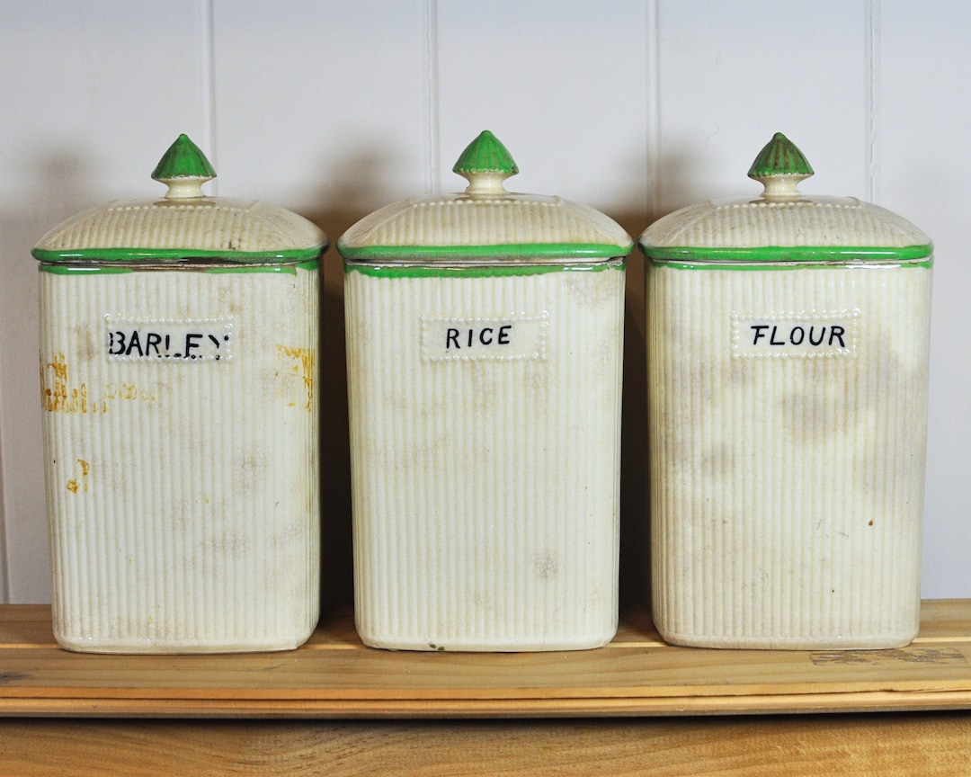 Antique Rice Flour Barley Kitchen Canisters With Lids Ceramic Cream and ...