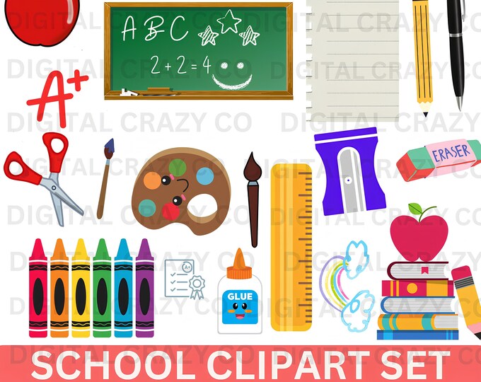School Clipart Set, School Supplies Clipart Set, PNG Files, Crayons ...