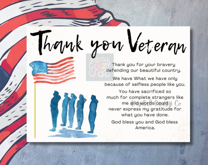 Thank A Veteran Thank You Card for Veteran Service Member, Printable ...