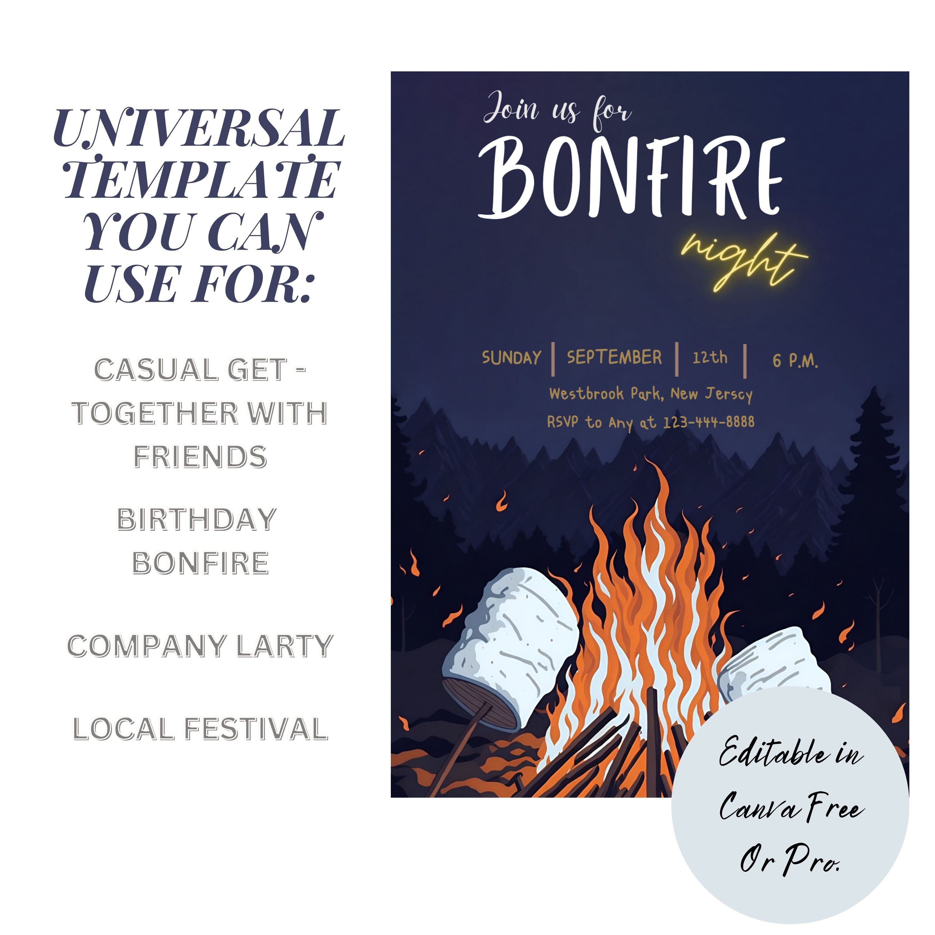 Editable Backyard Bonfire Invitation, Birthday Campfire Night ...