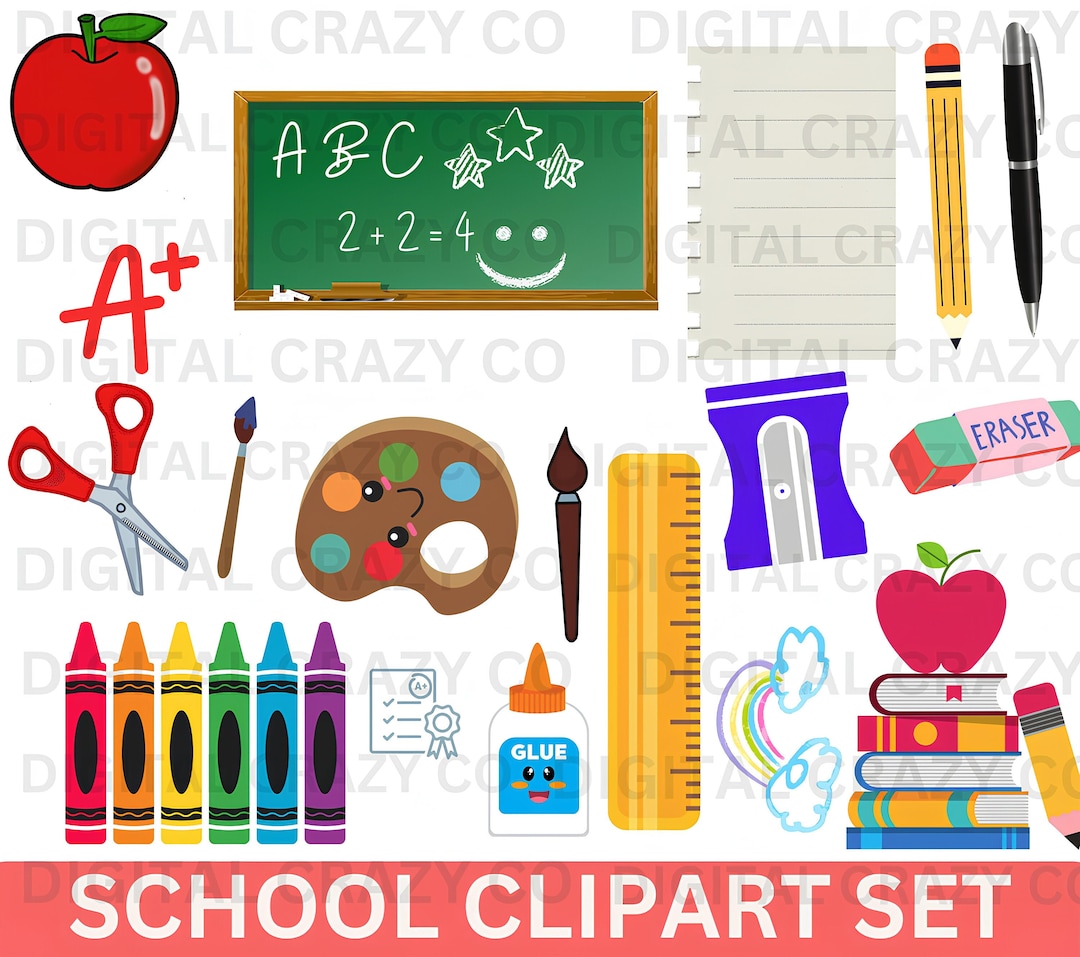 School Clipart Set, School Supplies Clipart Set, PNG Files, Crayons ...