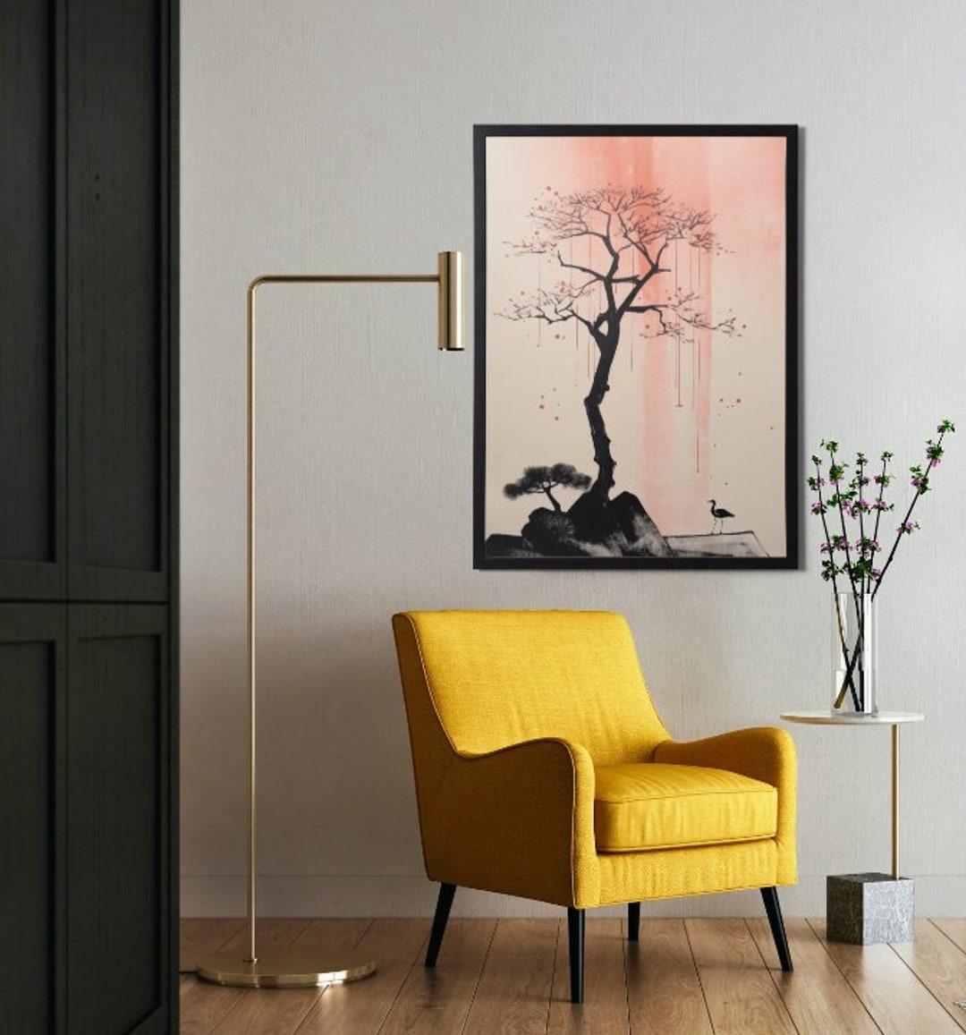 Yoake Japanese Landscape Painting, Pink Sunrise, Japanese Ink Art ...