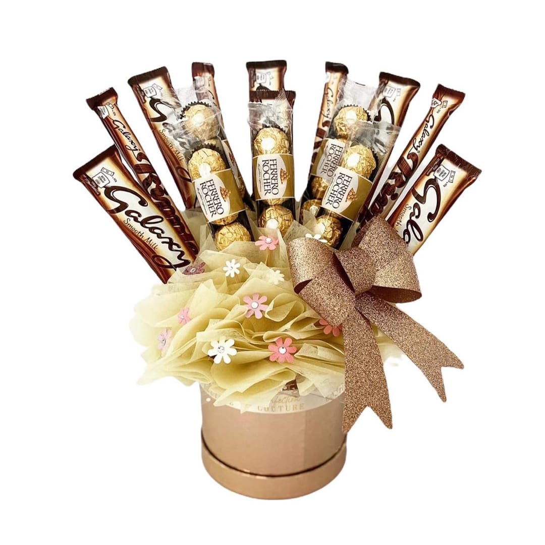 Gold Mirrored Hat Box, Chocolate Bouquet, Gold Glitter Box, Gifting ...