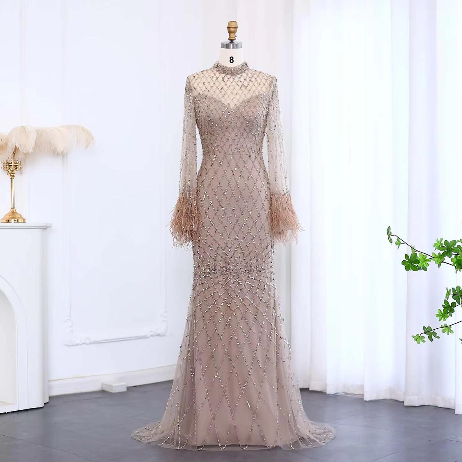 Elysara Feathered Mermaid Gown - Beaded Couture Evening Dress - Etsy
