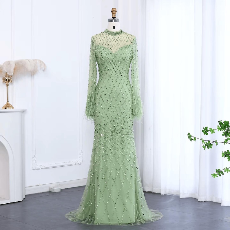 Elysara Feathered Mermaid Gown - Beaded Couture Evening Dress - Etsy