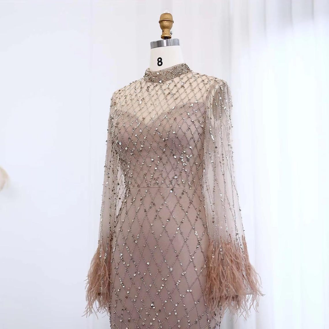 Elysara Feathered Mermaid Gown - Beaded Couture Evening Dress - Etsy