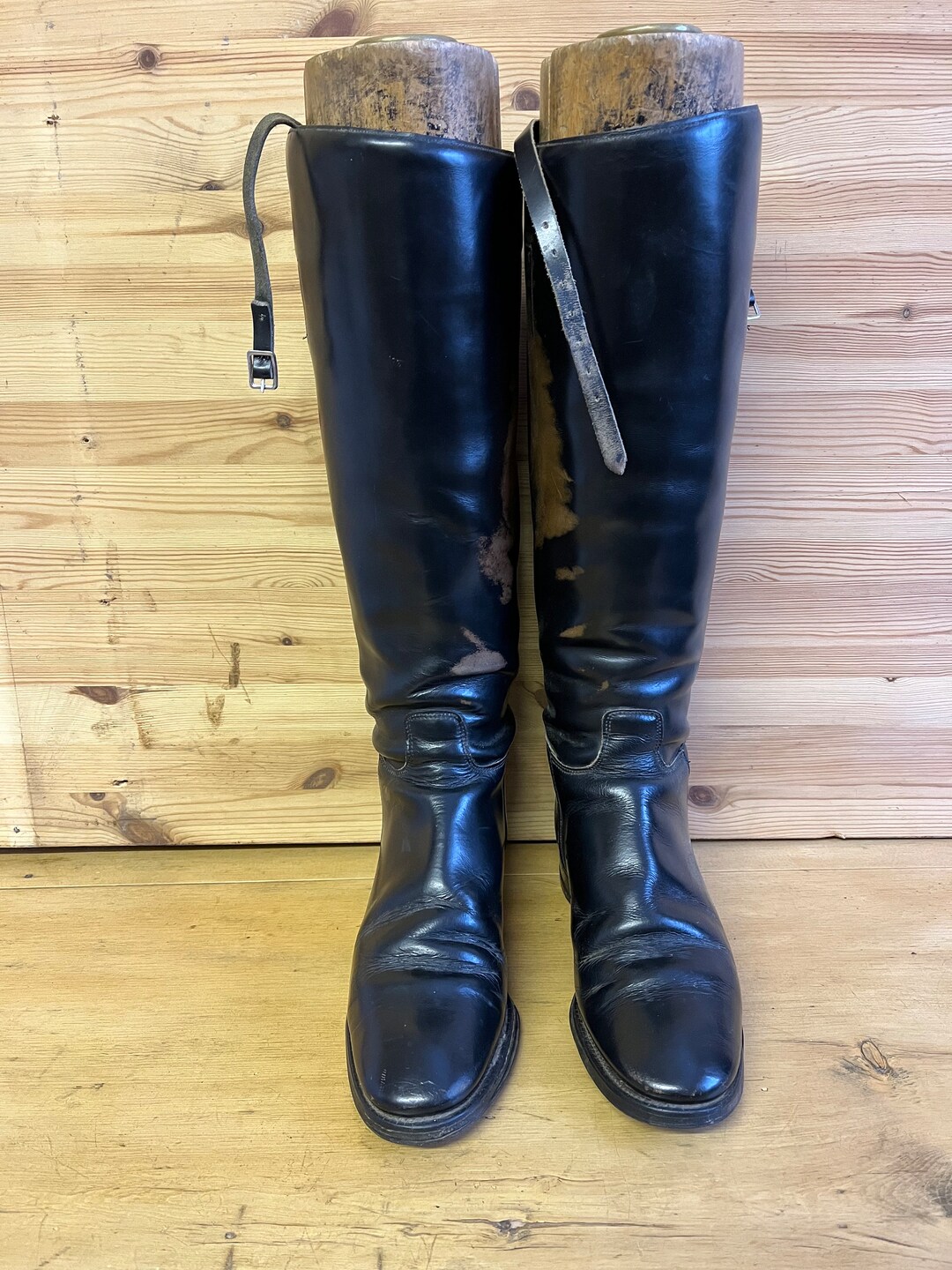 Vintage Black Leather Hawkins Riding Boots With Wooden Boot Shoes Size ...