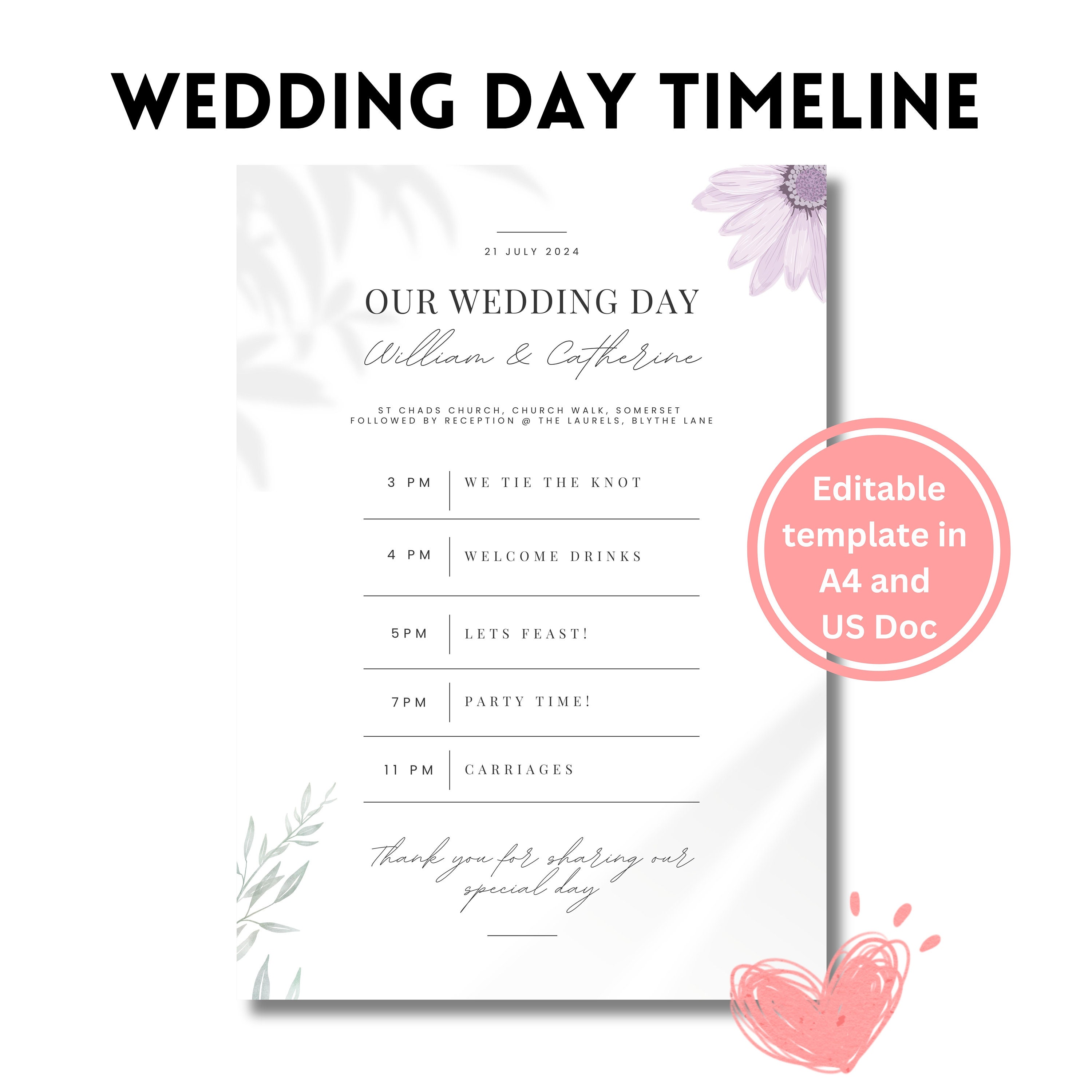 Wedding Program Template Modern Wedding Ceremony Timeline Editable ...