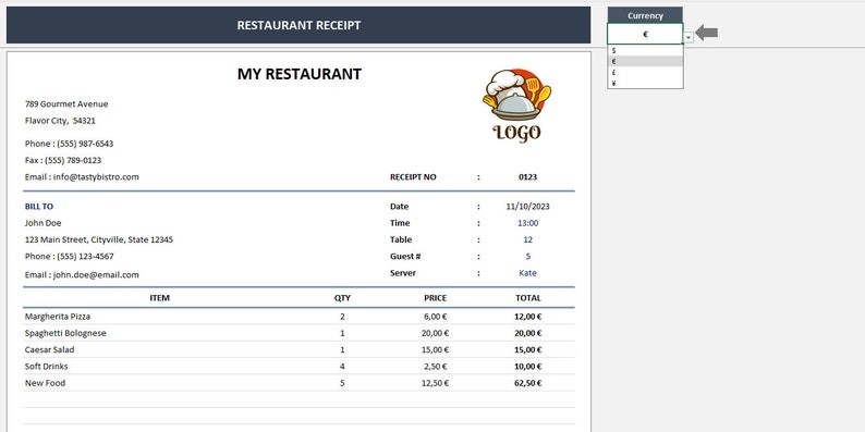 Restaurant Receipt | Excel Template | Restaurant Receipt Maker ...