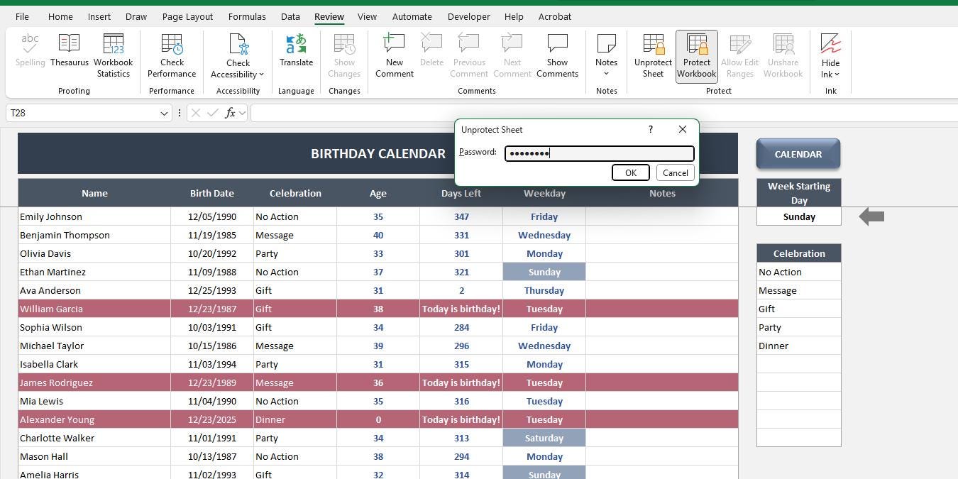 Birthday Calendar Excel Template: Printable Birthday Tracker (instant ...