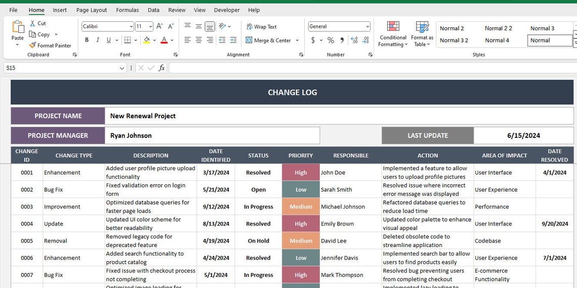 Change Log | Excel Template | Change Log Template | Change Control Log ...