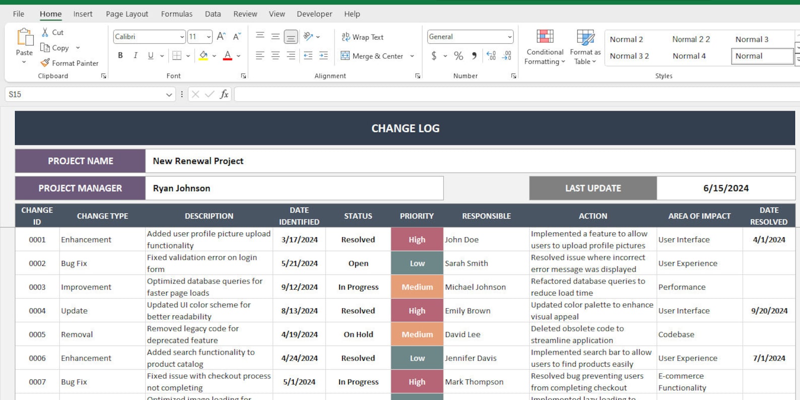 Change Log | Excel Template | Change Log Template | Change Control Log ...