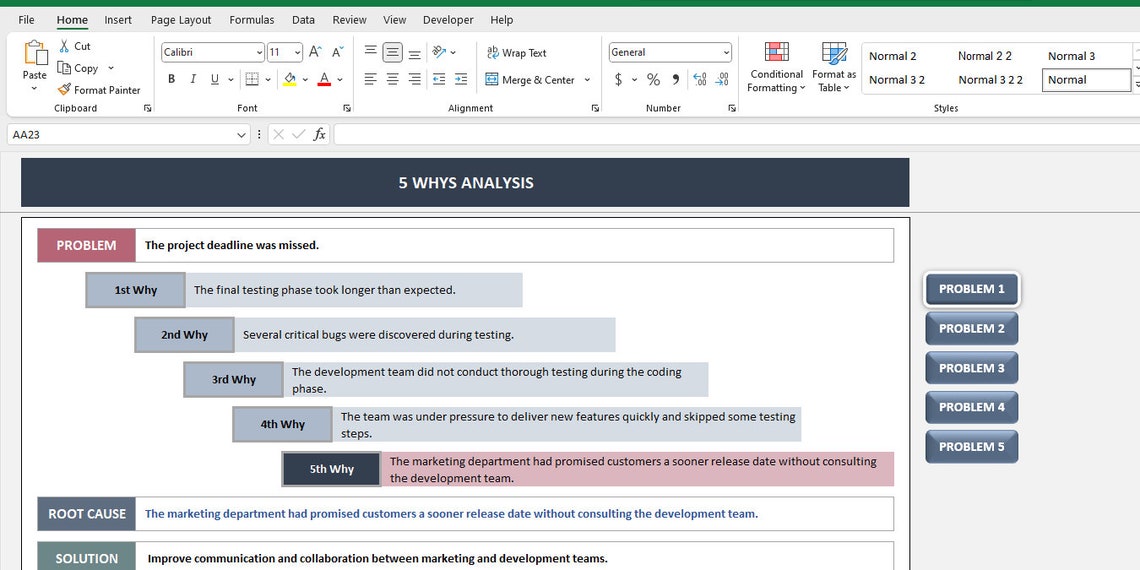 5 Whys Analysis Excel Template | Root Cause Analysis Spreadsheet ...