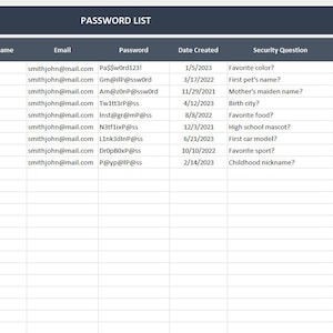 Password List Excel Template: Digital Password Manager - Etsy