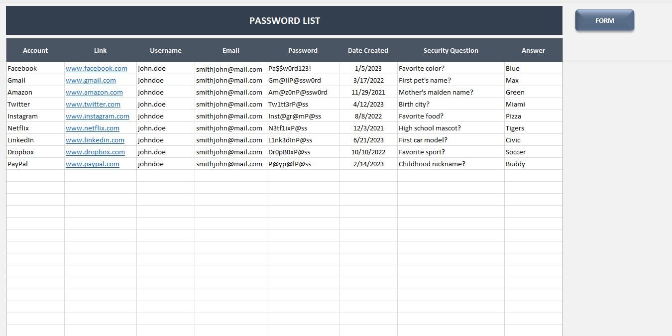 Password List Excel Template: Digital Password Manager - Etsy