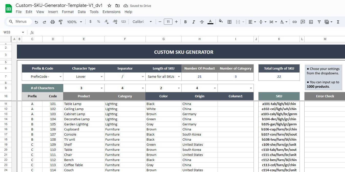 Custom SKU Generator Google Sheets Template Unique SKU Generator Sku Code Generator Product Code ...