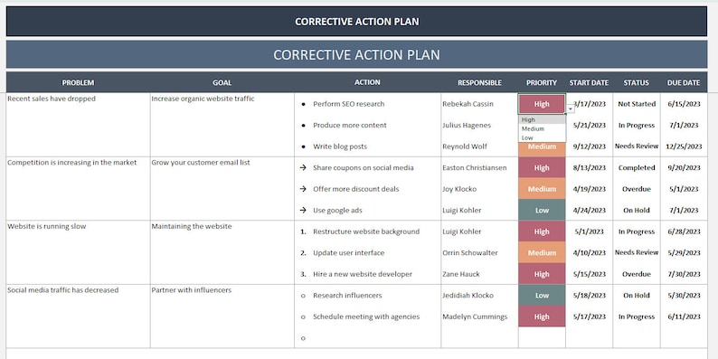 Corrective Action Plan: Project Management Excel Template - Etsy