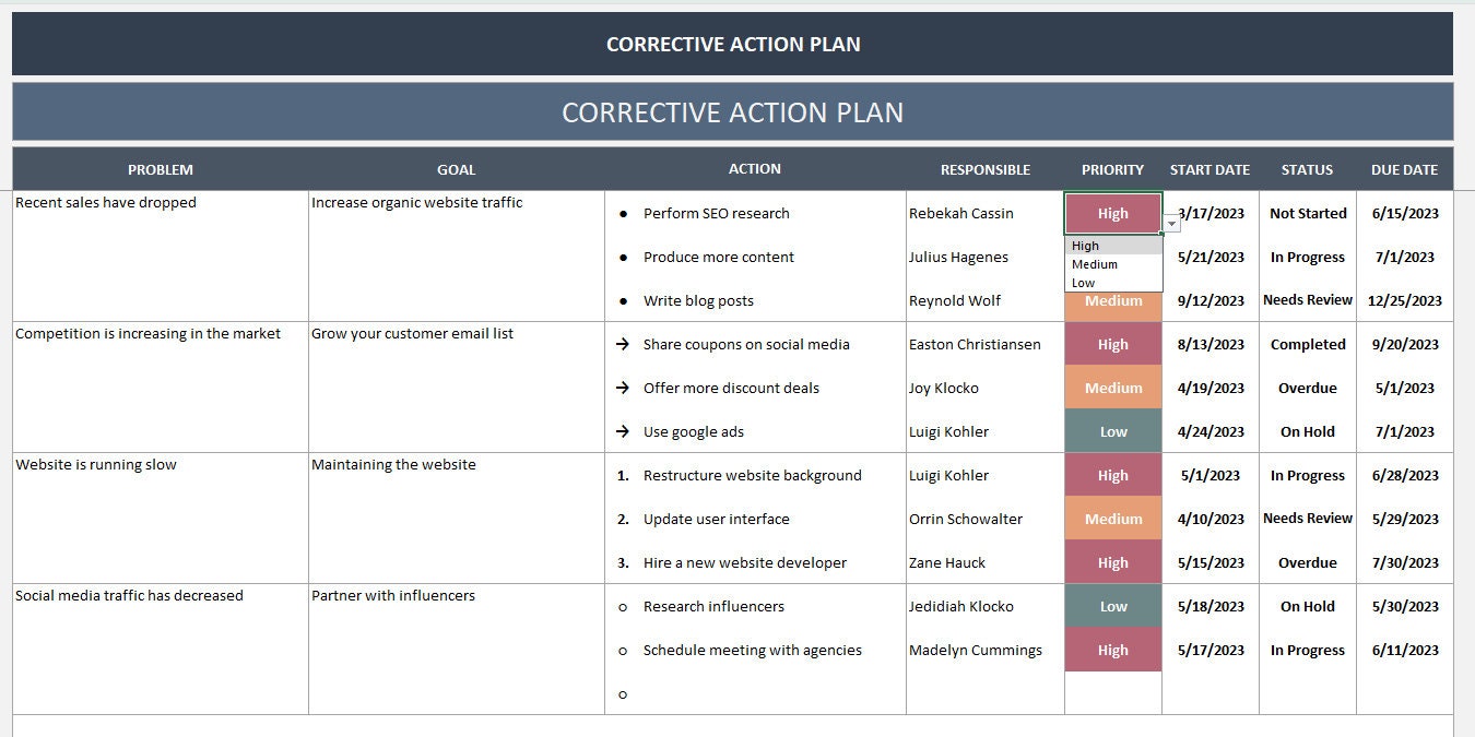 Corrective Action Plan: Project Management Excel Template - Etsy
