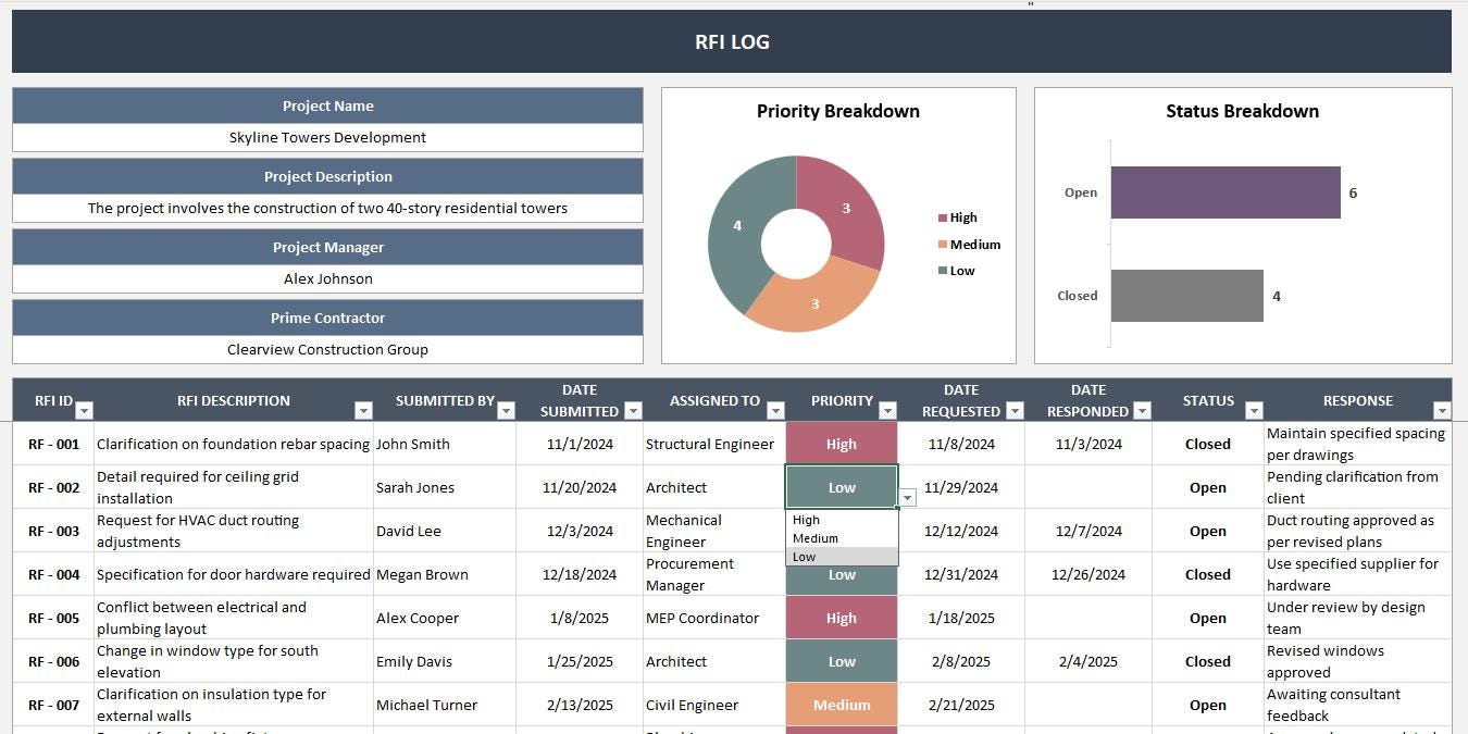 Project RFI Log: Excel Template, Construction RFI Tracker - Etsy