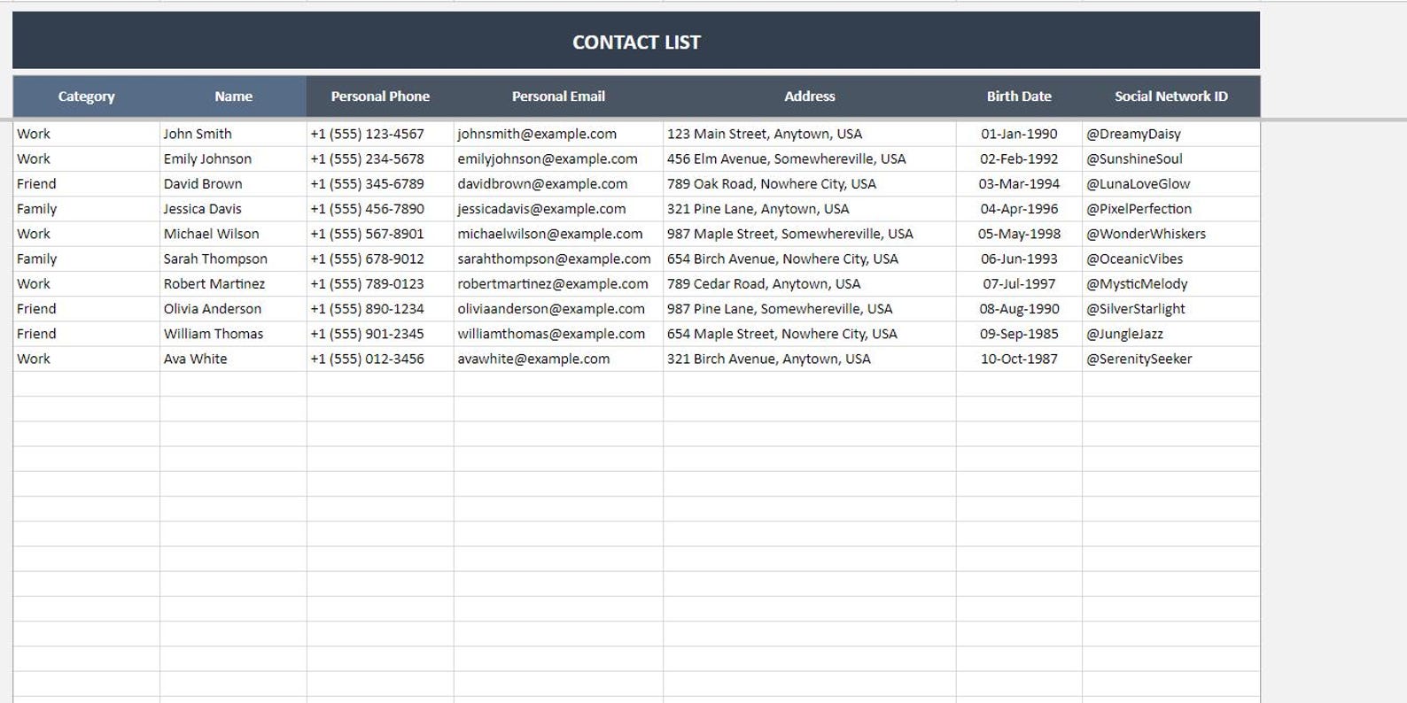 Contact List | Google Sheets Template | Contact List Template ...