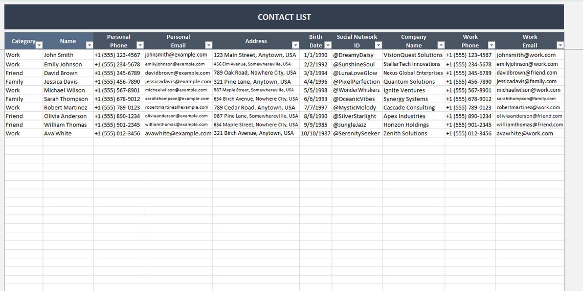 Contact List Excel Template Contact List Sheet Telephone Contact List ...