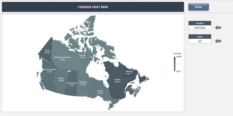 Canada Heat Map Excel Template: Editable Dashboard (digital Download ...