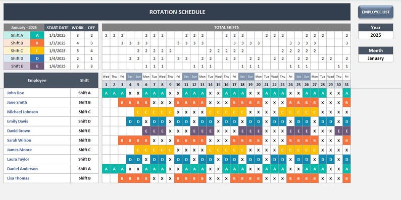 Employee Rotation Schedule: Excel Template, Shift Planner (printable ...
