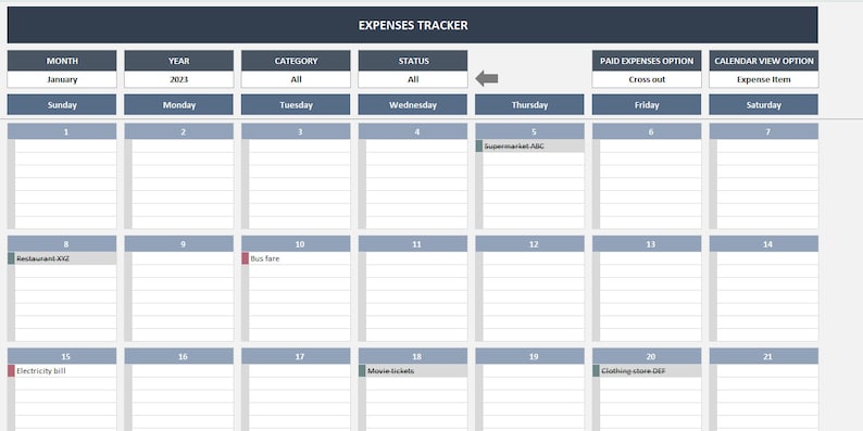 Expenses Tracker | Excel Template | Expenses Calendar | Spending ...