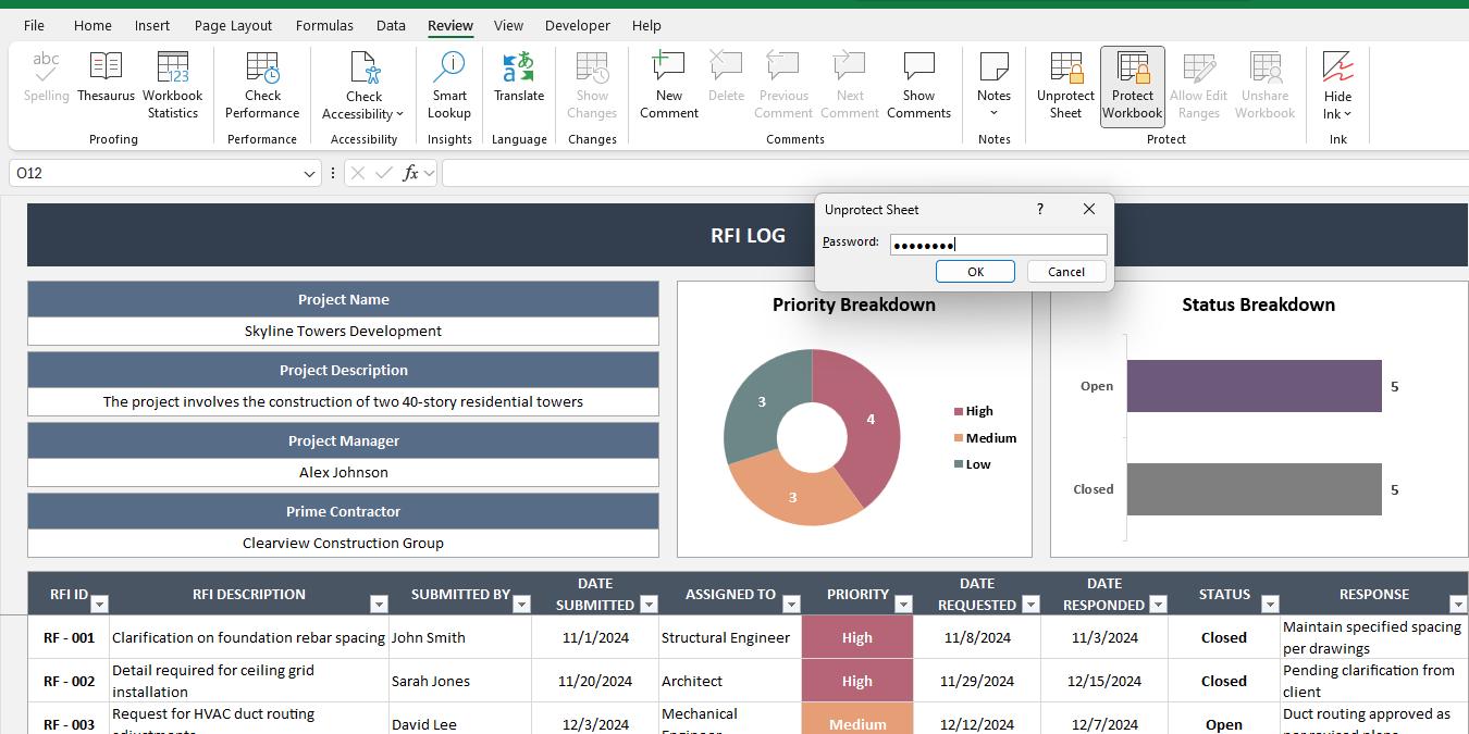 RFI Log Excel Template | Construction RFI Tracker | Project Management ...