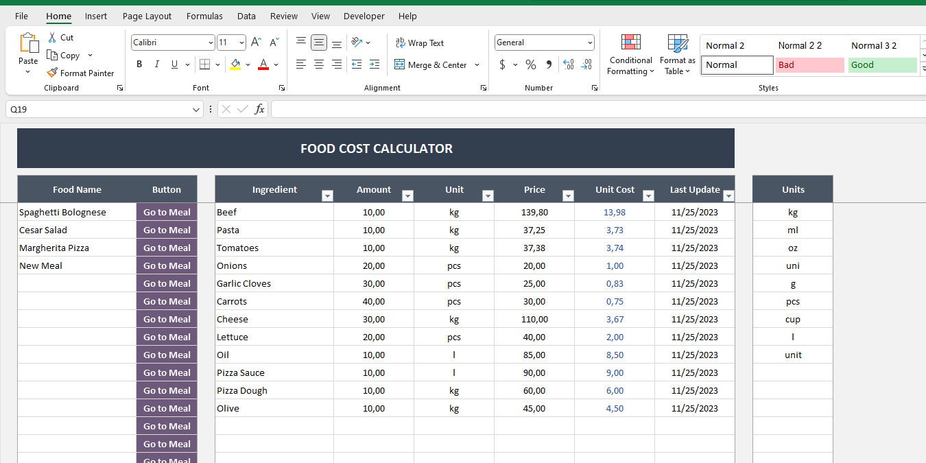 Food Cost Calculator Excel Template: Recipe Costing & Menu Pricing - Etsy