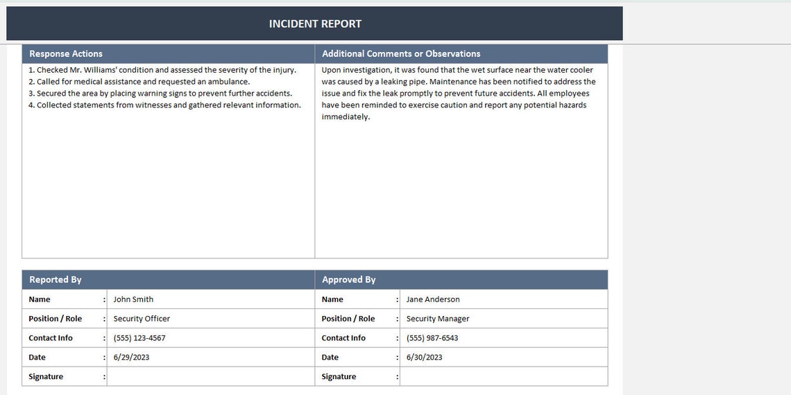 Incident Report Excel Template: Workplace Safety Form (printable) - Etsy