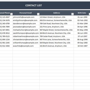 Contact List Excel Template: Printable Address Book (instant Download ...
