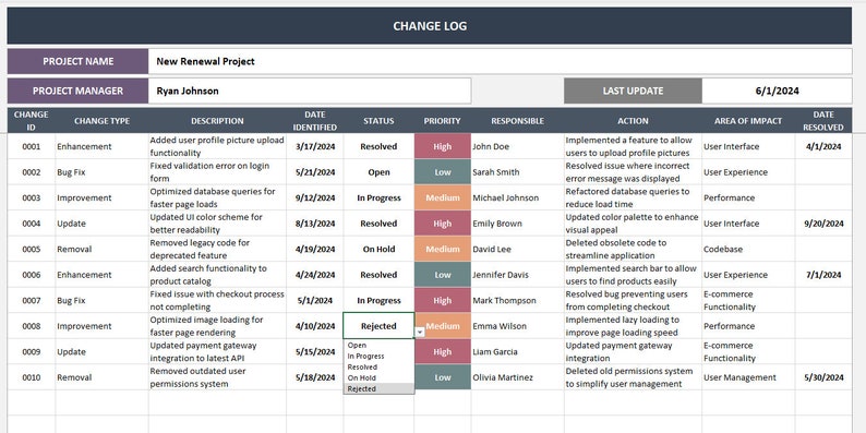 Change Log | Excel Template | Change Log Template | Change Control Log ...