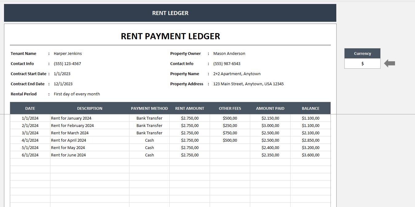 Rent Ledger Excel Template: Printable Rental Payment Tracker (PDF ...