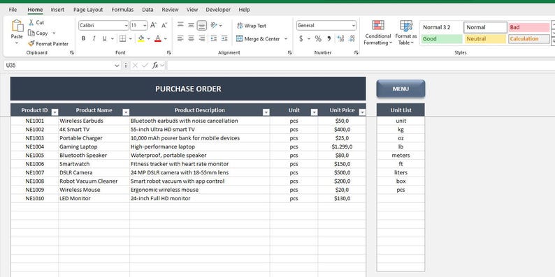 Purchase Order Excel Template: Excel PO Form - Etsy