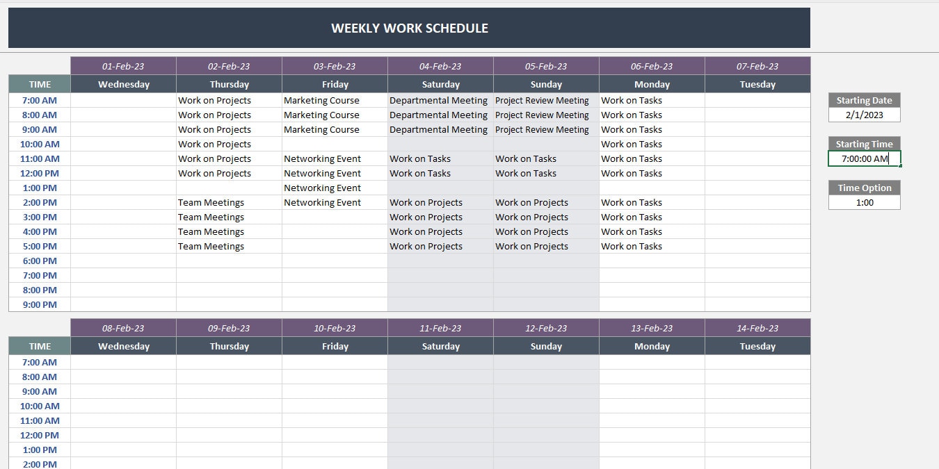 Weekly Work Schedule | Excel Template | Weekly Schedule Template ...