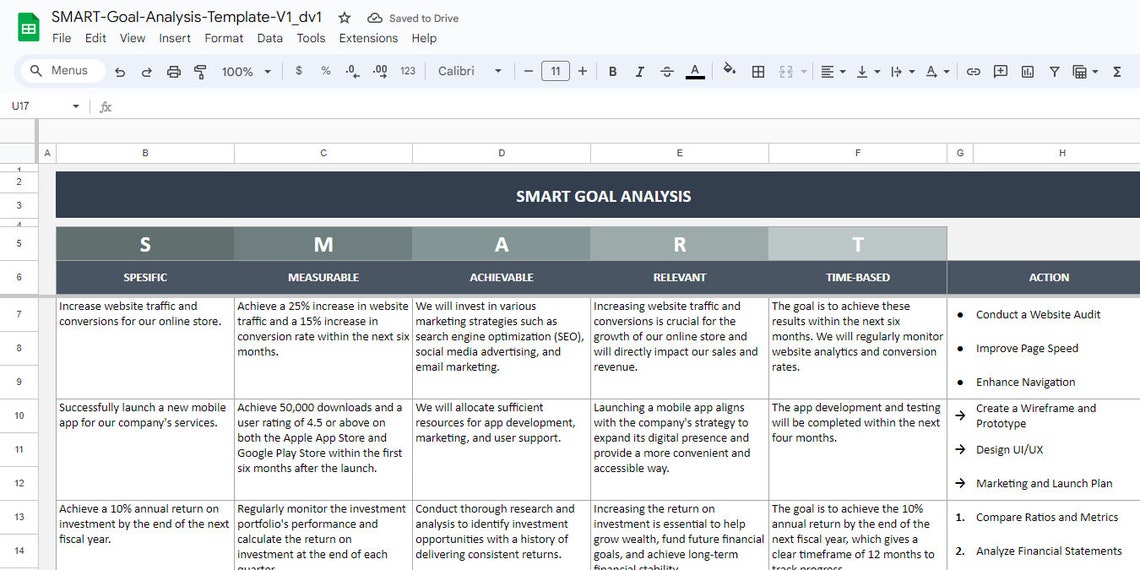 SMART Goal Analysis Google Sheets Template SMART Goal Smart Goals ...