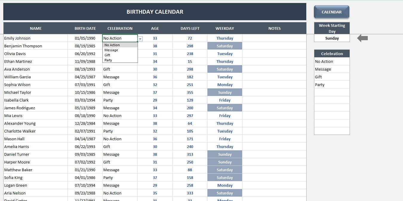 Birthday Calendar | Excel Template | Birthday Reminder Calendar ...