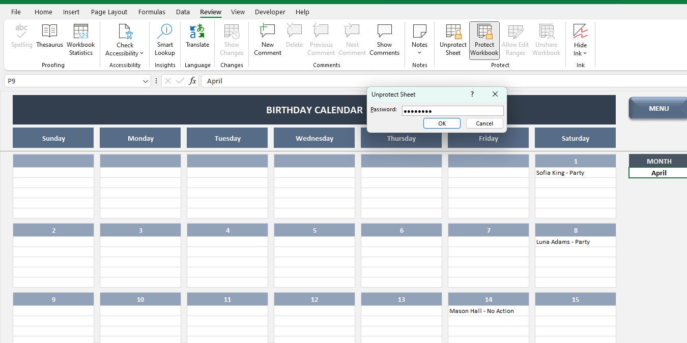 Birthday Calendar | Excel Template | Birthday Reminder Calendar ...